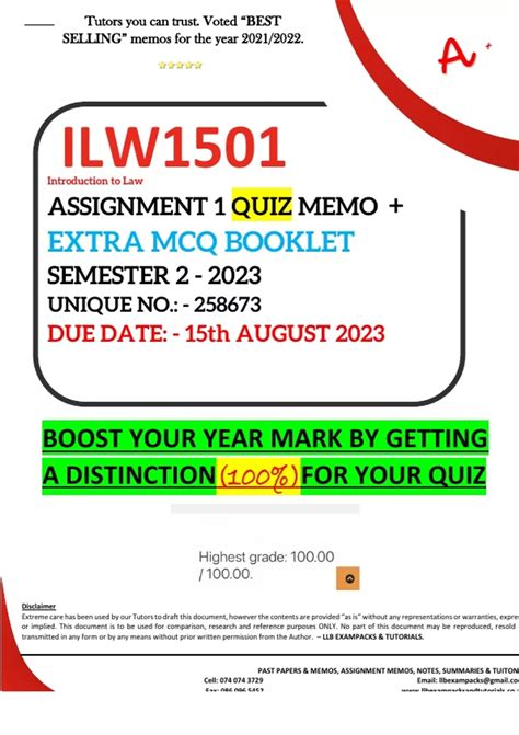 Ilw1501 Assignment 1 Quiz Memo Semester 2 2023 Unisa Includes Extra Mcq Booklet With