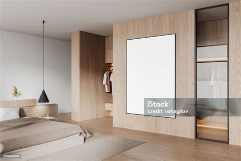 나무 패널과 옷장이 있는 현대적인 침실 인테리어의 빈 포스터 템플릿입니다 3d 렌더링 0명에 대한 스톡 사진 및 기타 이미지 0명 3차원 형태 가구 Istock