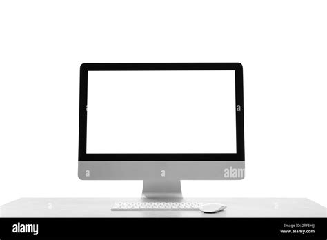 New Computer With Blank Monitor Screen Keyboard And Mouse On White