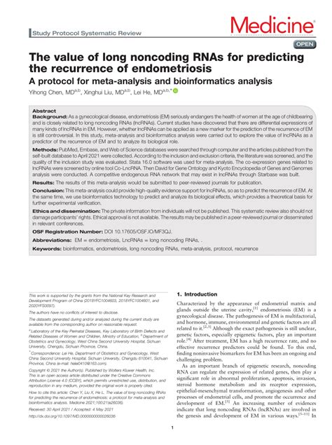 Pdf The Value Of Long Noncoding Rnas For Predicting The Recurrence Of Endometriosis A