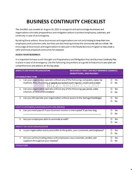 Business Continuity Checklist Template