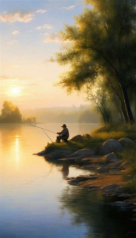 Лето Солнечное раннее утро на реке Тишина Рыбалка с берега Рыбак с