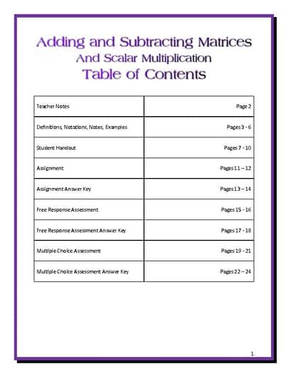 Add Subtract And Multiply Matrices By Scalar Notes Ex Ho Hw And Assessments