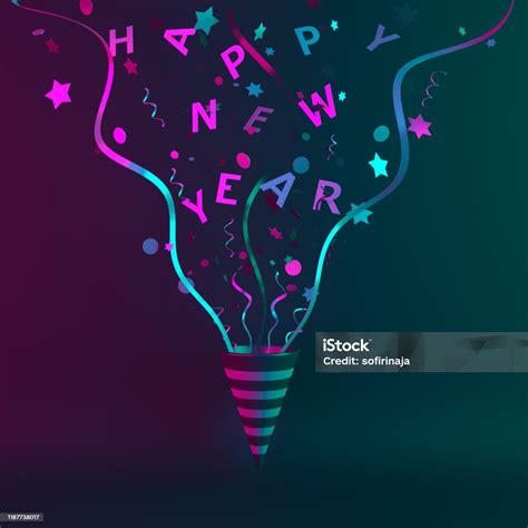 새해 복 설 초 디자인 창조적 인 개념 파티 포퍼 콘과 녹색 보라색 그라데이션 배경에 빛나는 색종이 12월 31일에 대한 스톡 사진 및 기타 이미지 Istock