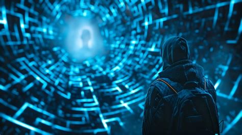 A Male Wearing Blue Hoodie Standing In Front Of Glowing Blue Tunnel A Hacker Infiltrating A