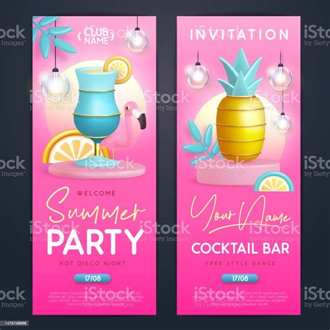 여름 칵테일 디스코 파티 타이포그래피 포스터에는 3d 플라스틱 플라밍고 칵테일 파인애플이 있습니다 초대장 디자인 벡터 그림 3차원 형태에 대한 스톡 벡터 아트 및 기타