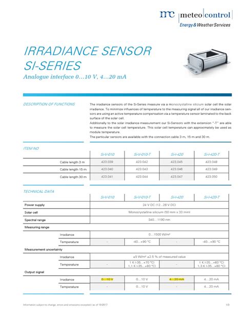 Db Irradiance Sensor Si Series En 20171016 Pdf Solar Cell