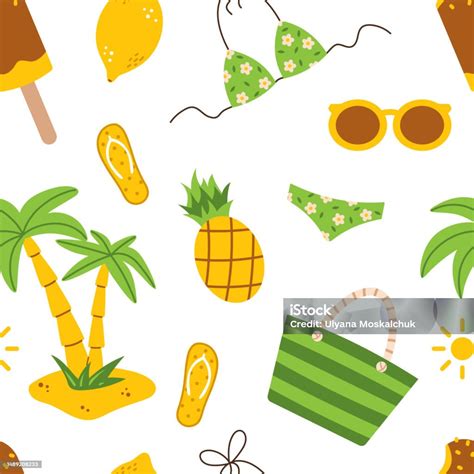 평면 디자인에 여름 요소가 있는 벡터 이음매 없는 패턴입니다 해변 분위기 녹색과 노란색의 여름 휴가 배경 해변 패턴에서 휴식을 취하십시오 그래픽 프린트에 대한 스톡 벡터