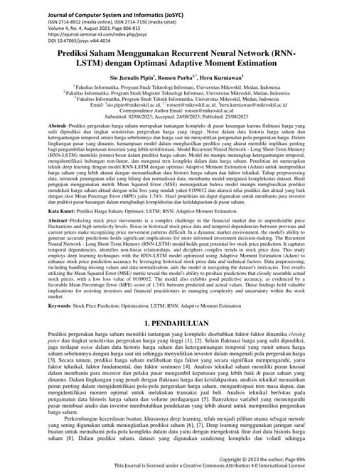 Pdf Prediksi Saham Menggunakan Recurrent Neural Network Rnn Lstm