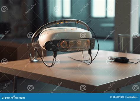 Futuristic Brain Computer Interface Headset On A Table Stock