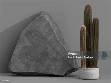 빈 돌과 로고 프리젠 테이션 브랜딩 기업 정체성 광고를위한 벽 콘크리트의 식물 목업 3d 렌더링 0명에 대한 스톡 사진 및 기타 이미지 Istock