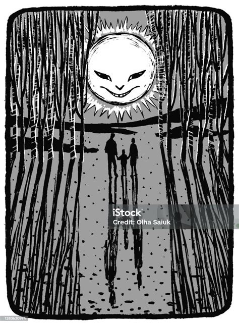 불길한 태양이 가족을 바라본다 흑백 색상의 손으로 그린 벡터 그림 흰색으로 격리된 추상 그래픽 드로잉입니다 디자인 인쇄물 포스터