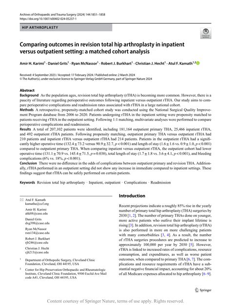 Comparing Outcomes In Revision Total Hip Arthroplasty In Inpatient Versus Outpatient Setting A