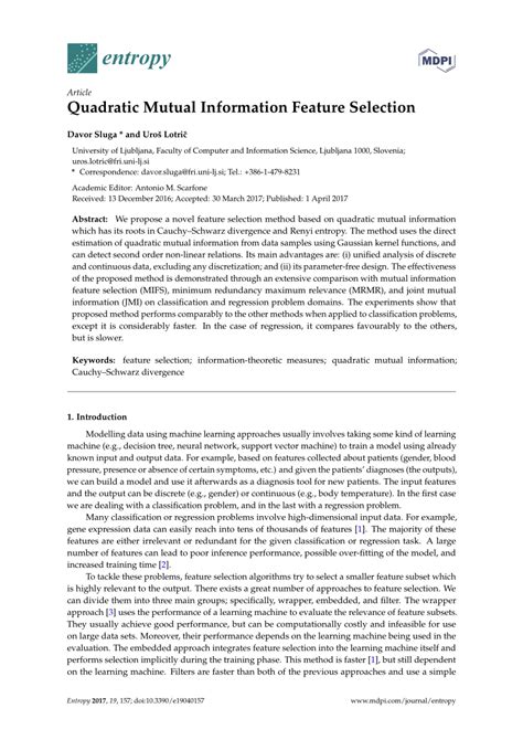 Pdf Quadratic Mutual Information Feature Selection