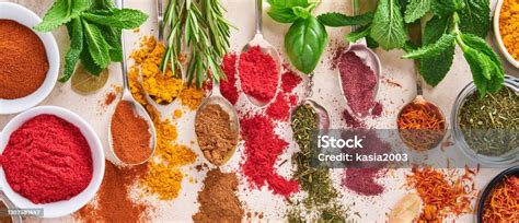 요리용 다채로운 허브와 향신료 심황 딜 파프리카 계피 사프란 바질 및 로즈마리를 숟가락으로 인도 향신료 밝은 갈색 돌 배경에 배너 맨 위 보기입니다 가루로 빻은에 대한 스톡