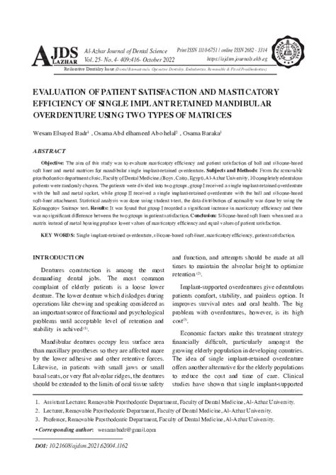 Pdf Evaluation Of Patient Satisfaction And Masticatory Efficiency Of Single Implant Retained