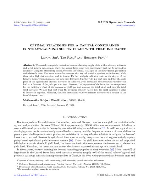 Pdf Optimal Strategies For A Capital Constrained Contract Farming Supply Chain With Yield