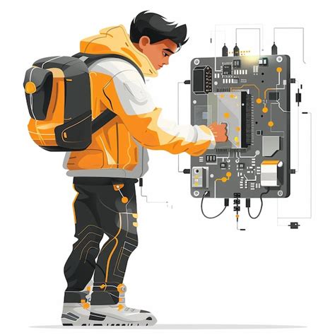 A Man In A Yellow Jacket Is Standing In Front Of A Computer Monitor Premium Ai Generated Image