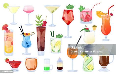 여름 해변 칵테일의 큰 세트 벡터 일러스트 와 자른 과일과 얼음 큐브 와 파티 알코올 음료는 플랫 스타일로 혼합됩니다 다이키리 마티니 마가리타 코스모폴리탄 롱아일랜드 피나