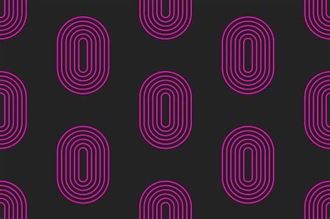 추상적인 선형 그림을 가진 이음새가 없는 본 잔인한 기하학적 모양 미니멀리스트 스타일의 원시적인 선형 타원형 요소 검은 배경에 분홍색 네온 라인 멤피스 질감입니다 사이키델릭