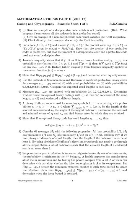 coding and cryptography 2016 2017 example sheet 1 mathematical tripos