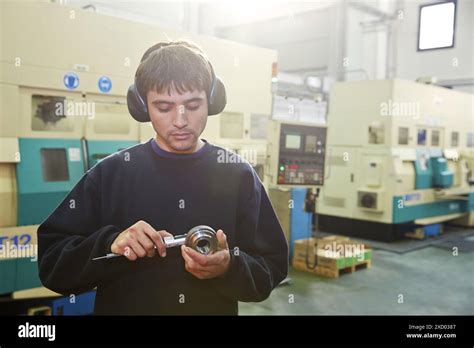 Worker Measuring With Caliper Area Automated Cnc Lathes Machined