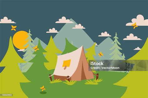 자연에서 캠핑 텐트 벡터 일러스트 나무와 산 숲 청소에 여름 캠프장과 간단한 풍경 아웃도어 캠핑 현장액티브 관광 텐트 0명에 대한 스톡 벡터 아트 및 기타 이미지 Istock