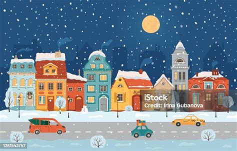 복고풍 스타일의 겨울 밤 도시 집 달 자동차와 크리스마스 배경 평평한 스타일의 아늑한 마을 만화 벡터 일러스트레이션 거리에 대한