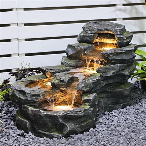Outdoor Water Fountain Floor Standing Tiers Rock Natural Waterfall