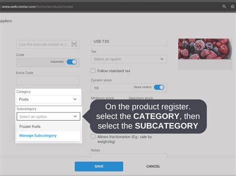 how to register subcategories for products using nex on the web
