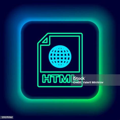 빛나는 네온 라인 Html 파일 문서 검은 색 배경에서 격리된 Html 단추 아이콘을 다운로드합니다 Html 파일 기호입니다