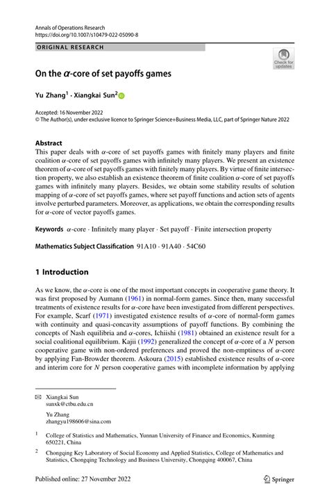 Pdf On The˛ Core Of Set Payoffs Games