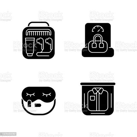 공백에 설정된 검은 색 글리프 아이콘을 여행하기위한 필수 사항 가방에 대한 스톡 벡터 아트 및 기타 이미지 가방 개념 개체 그룹 Istock