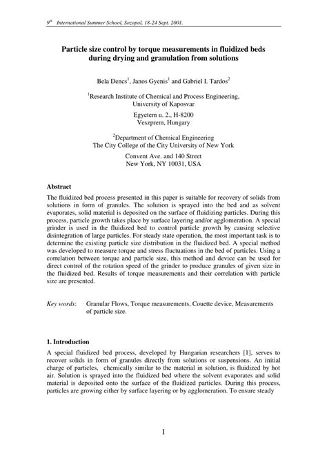Pdf Particle Size Control By Torque Measurements In Fluidized Beds During Drying And