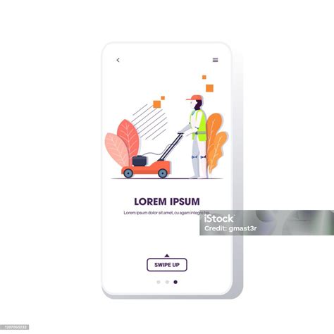 잔디 깎는 기계 로봇 정원사 인공 지능 기술 원예 개념 스마트폰 화면 모바일 애플 리 케이 션 복사 공간 전체 길이와 현대 로봇 절단 잔디 개념에 대한 스톡 벡터 아트 및