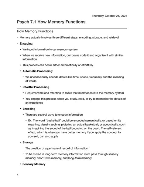 Psych 71 How Memory Functions Thursday October 21 2021 Psych 7