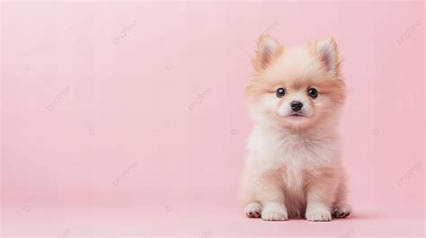 파스텔 핑크색 앞에 앉아 있는 사랑스러운 푹신한 포메라니안 강아지 개 귀엽다 강아지 배경 일러스트 및 사진 무료 다운로드 Pngtree