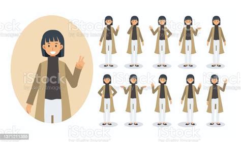 캐주얼 한 드레스를 입은 여성 세트는 다른 제스처를 보여 주며 플랫 벡터 만화 캐릭터 일러스트레이션 귀여운에 대한 스톡 벡터 아트 및 기타 이미지 Istock