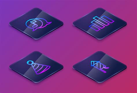 말풍선 파티 모자 이퀄라이저 및 불꽃놀이 로켓에서 아이소메트릭 라인 음표를 설정합니다 파란색 사각형 버튼입니다 벡터 3차원