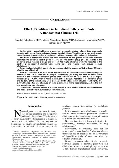 Pdf Effect Of Clofibrate In Jaundiced Full Term Infants A Randomized Clinical Trial