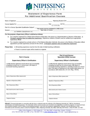 Fillable Online Nipissingu Statement Of Experience Form For Additional
