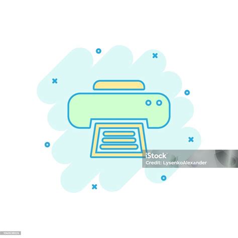 벡터 만화 스타일에서 만화 프린터 아이콘입니다 문서 인쇄 기호 그림 그림 프린터 비즈니스 스플래시 효과 개념입니다 그래픽