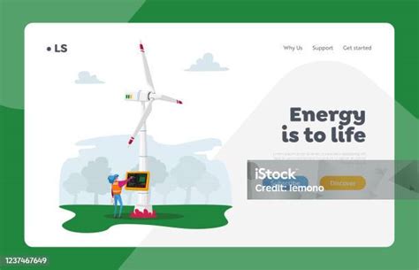 환경 보호 방문 페이지 템플릿입니다 자연 배경에 풍차의 작업을 제어하는 패널에서 여성 캐릭터 재생 가능 자원 녹색 에너지 발전 만화 벡터 일러스트레이션 개념에 대한 스톡