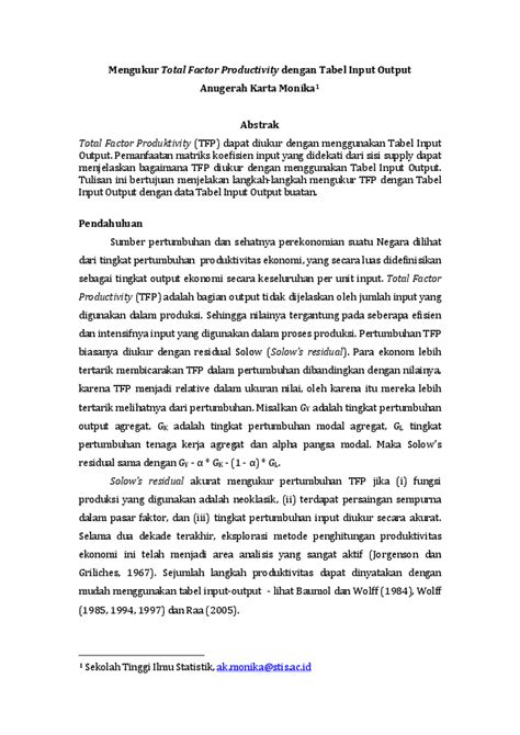 Pdf Mengukur Total Factor Productivity Dengan Tabel Input Output