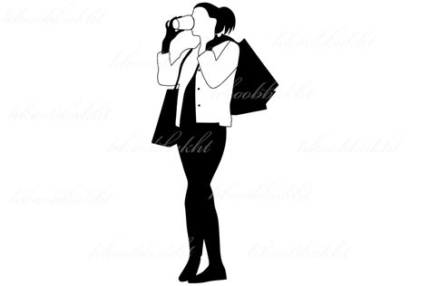 دانلود طرح وکتور زن با لباس های اسپورت و پاکت های خرید و در حال نوشیدن نوشیدنی جهت طراحی تراکت