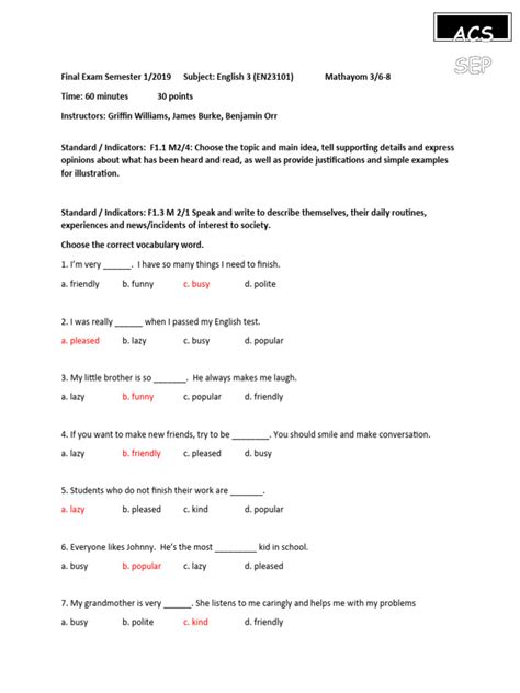 M3 Academic Final Test 2019 Semester 1 Pdf Chair