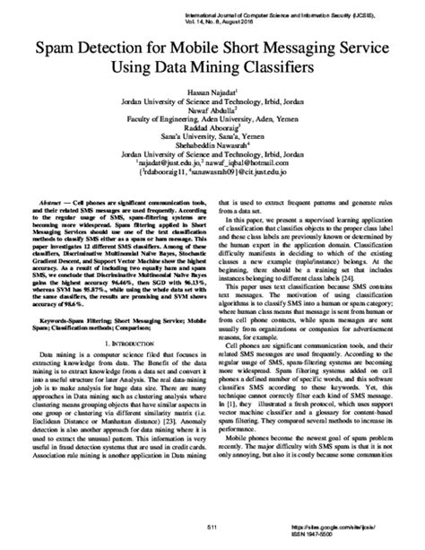Pdf Spam Detection For Mobile Short Messaging Service Using Data