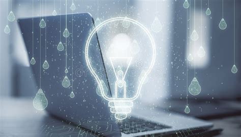 Glowing Digital Lightbulb Overlay On Laptop Keyboard With Futuristic