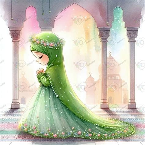 خرید و قیمت بک گراند کودکانه دختر ناز با حجاب با لباس سبز در حال دعا کردن در مسجد کد 41921 ویژه