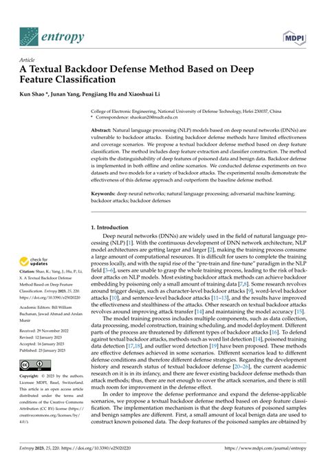 Pdf A Textual Backdoor Defense Method Based On Deep Feature Classification